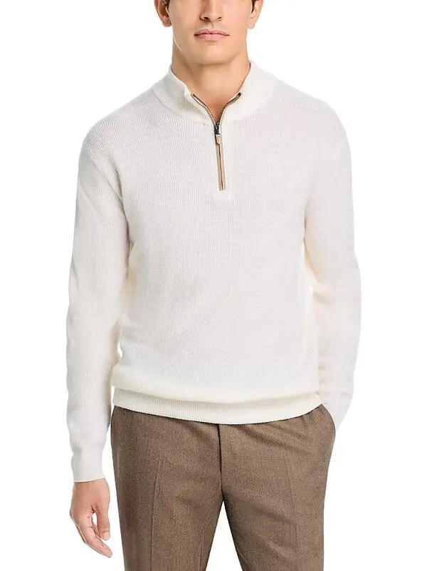 Canali Wool & Cashmere Textured Quarter Zip Knit Sweater - White