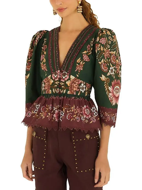 Farm Rio Daniela Cotton Peplum Blouse - Daniela Green