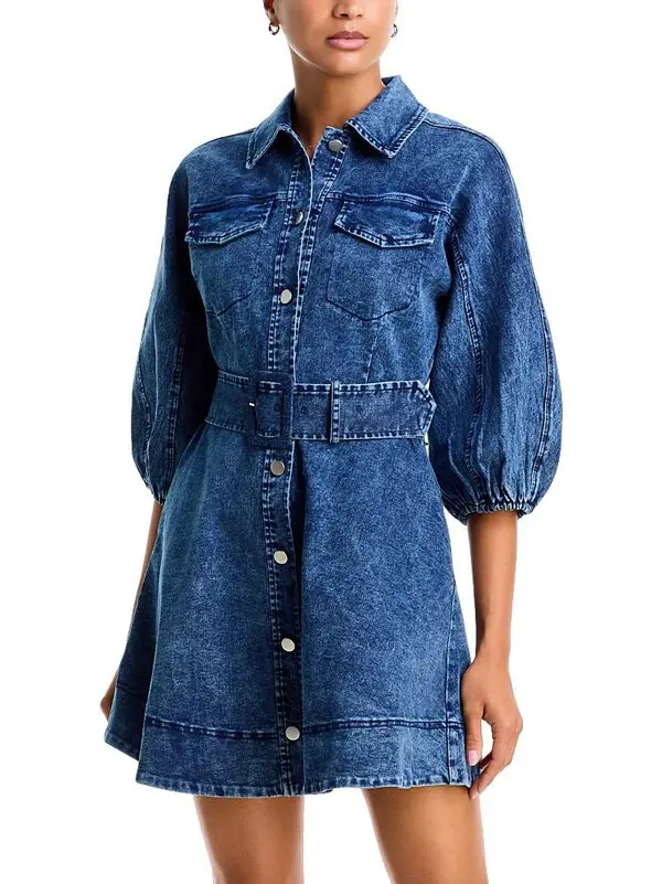 Aqua Denim Bubble Sleeve Button-up Mini Dress - Blue