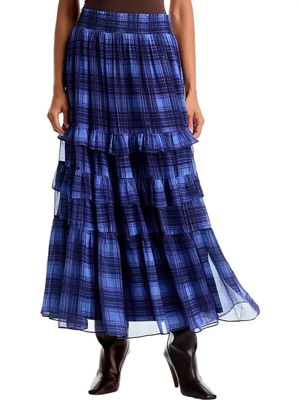 Aqua Plaid Ruffled Tiered Maxi Skirt - Blue Multi