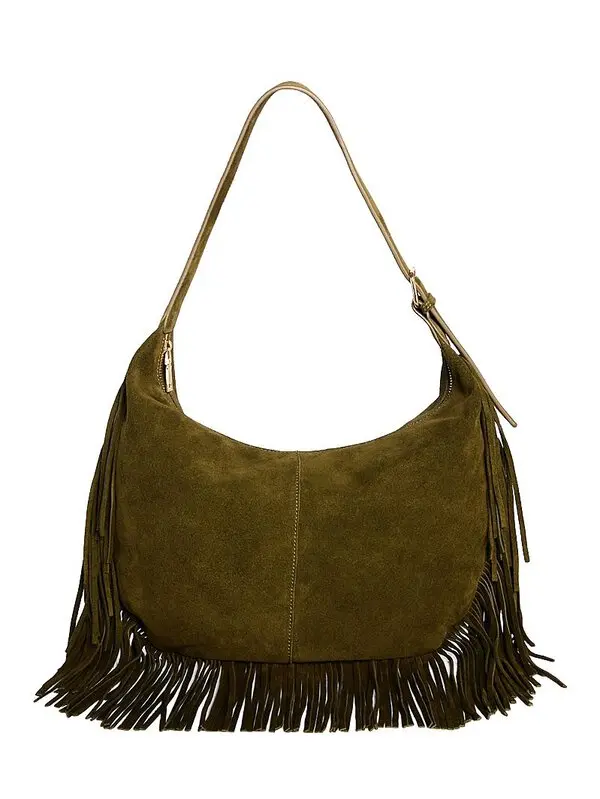 Aqua Large Fringed Suede Hobo Bag - Olive