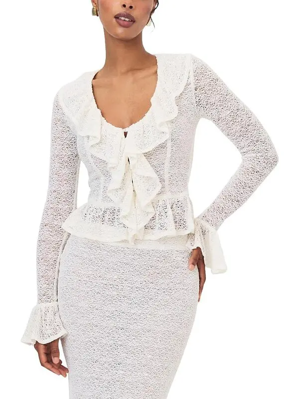 MISS CIRCLE NEW YORK Urva Crochet Ruffle Detail V-neck Top - Ivory