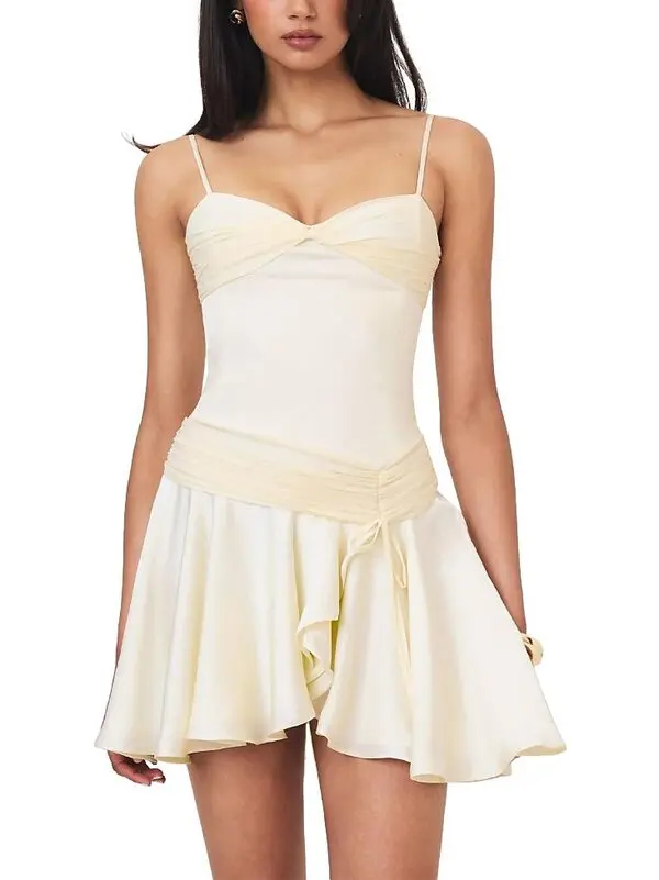 MISS CIRCLE NEW YORK Yvonne Satin Asymmetrical Ruched Mini Dress - Ivory