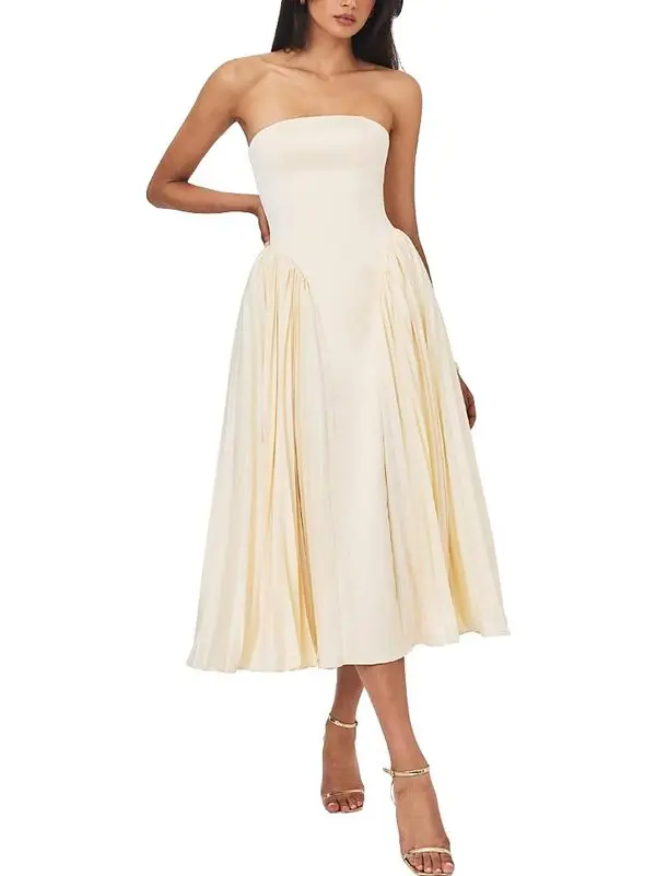 MISS CIRCLE NEW YORK Marnie Strapless Pleated Satin Midi Dress - Butter