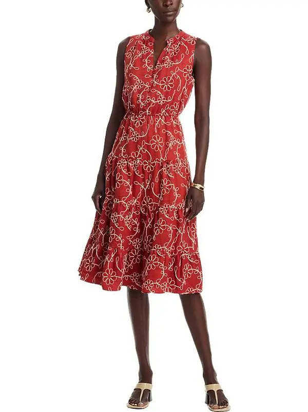 T Tahari Sleeveless Tiered Midi Dress With Embroidered Floral Detail - Rustic Clay