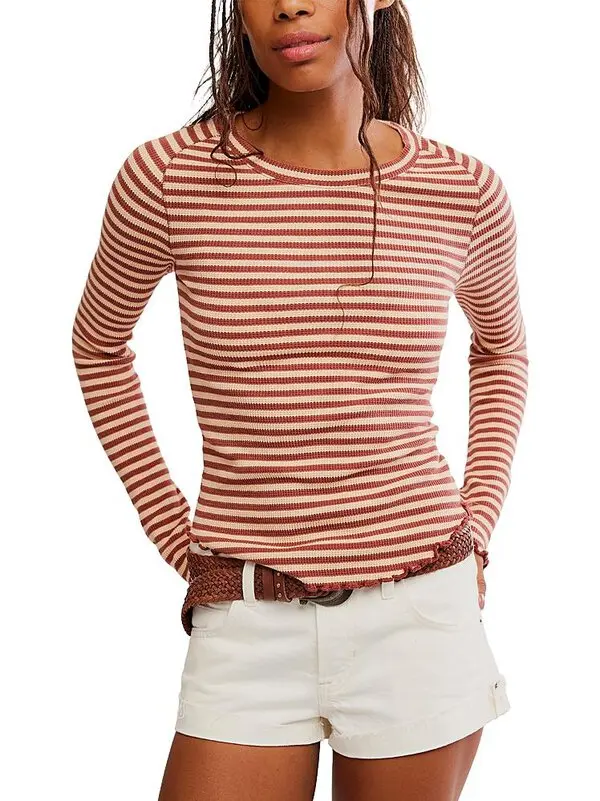 Free People Easy Does It Striped Crewneck Long Sleeve Tee - Brown Combo