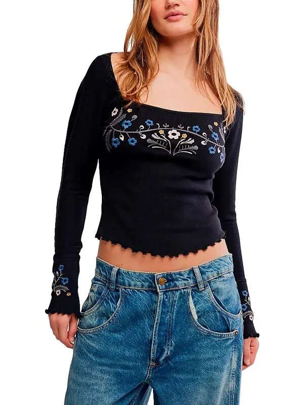 Free People Olivia Embroidered Long Sleeve Top - Black Combo