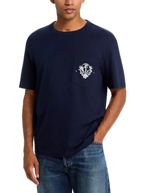 Hugo Durstee Cotton Floral Anchor Graphic Pocket T-shirt - Dark Blue