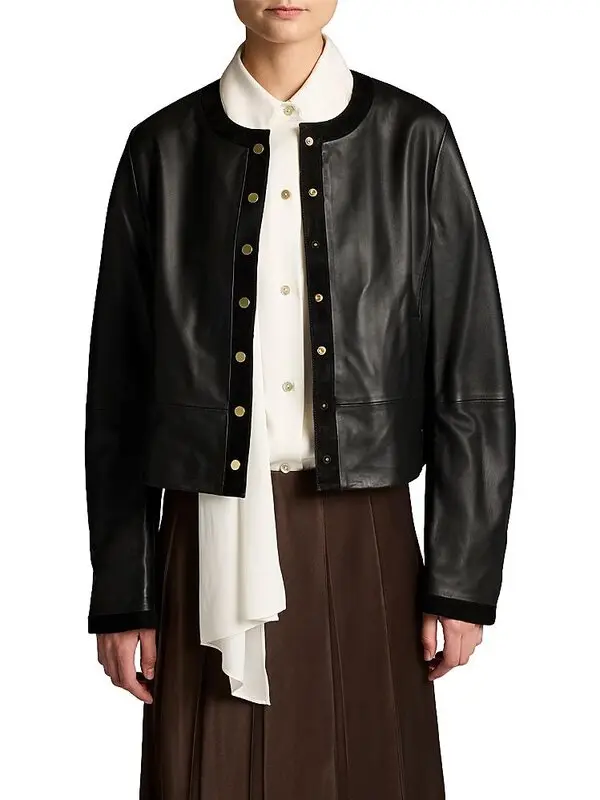 Vince Collarless Cropped Leather Jacket - Black