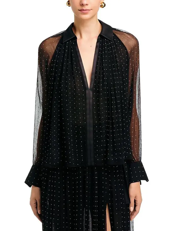 Vince Spread Collar Polka Dot Sheer Sleeve Top - Black
