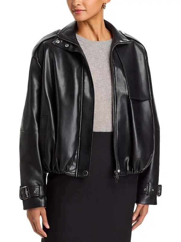 TOCCIN Alyssa Faux Leather Funnel Neck Bomber Jacket - Jet