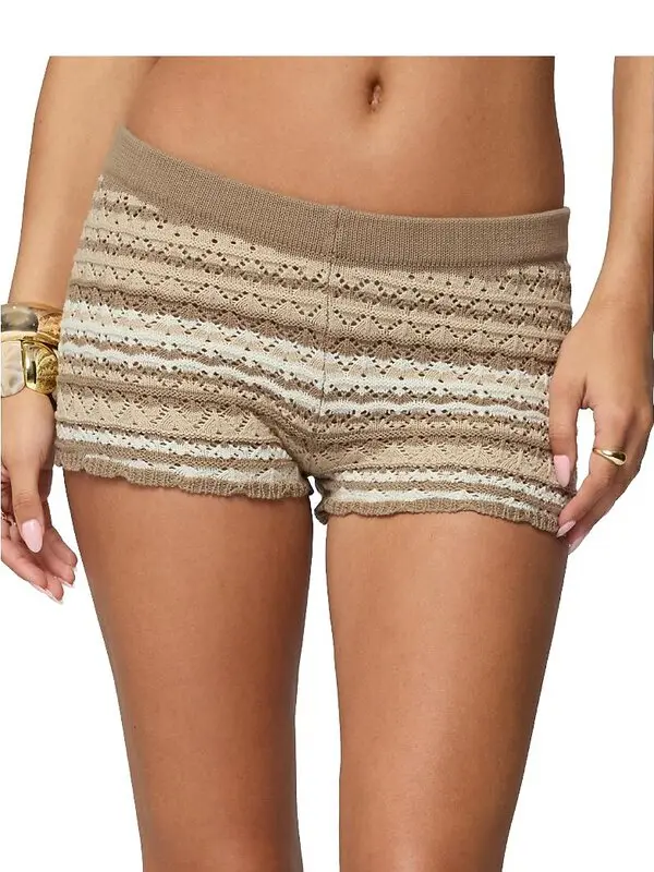 EDIKTED Striped Pointelle Knit Shorts - Beige