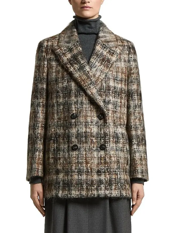 Peserico Double Breasted Check Boucle Coat - Eclipse Gray