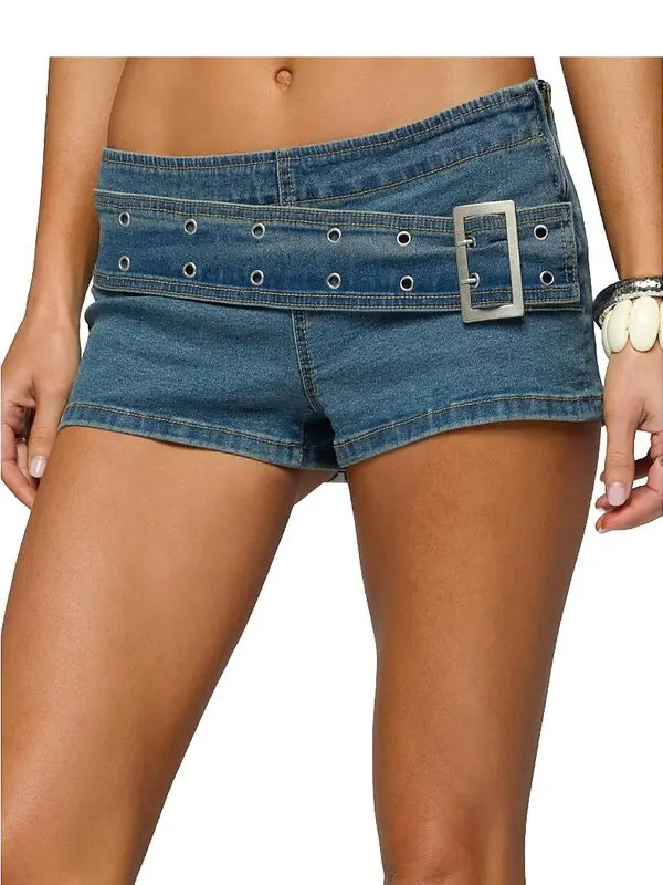 EDIKTED Asymmetrical Belted Denim Micro Shorts - Blue