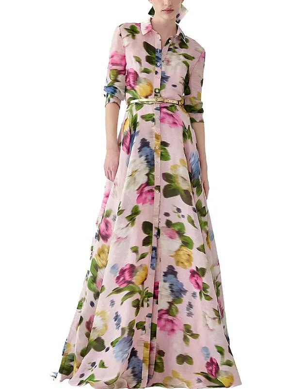 Carolina Herrera Linen Silk Printed Trench Gown - Rosewater Multi