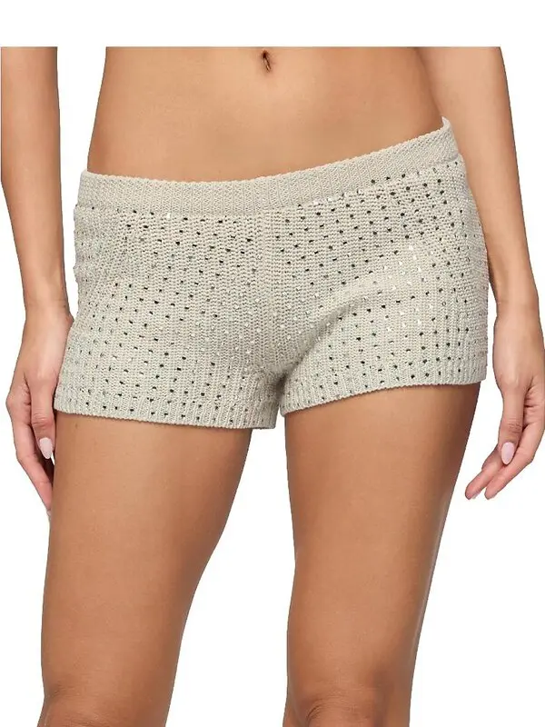 EDIKTED Mackenzie Rhinestone Knit Shorts - Beige