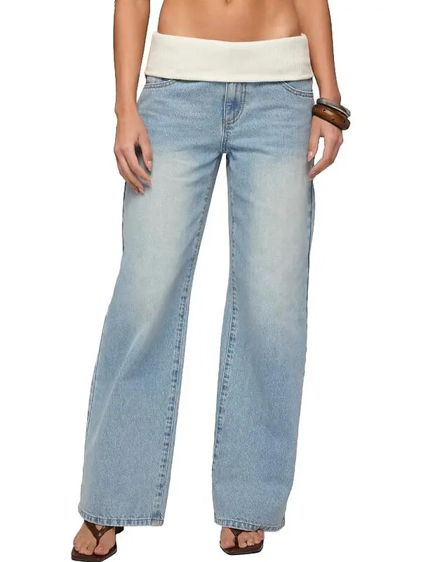 EDIKTED Knit Foldover Low Rise Baggy Jeans - Light-blue