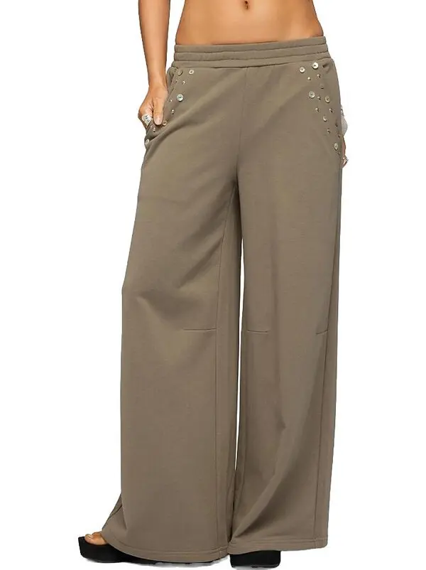 EDIKTED Zania Iridescent Button Wide Leg Sweatpants - Taupe