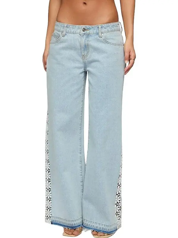 EDIKTED Crochet Panel Wide Leg Jeans - Light-blue-washed