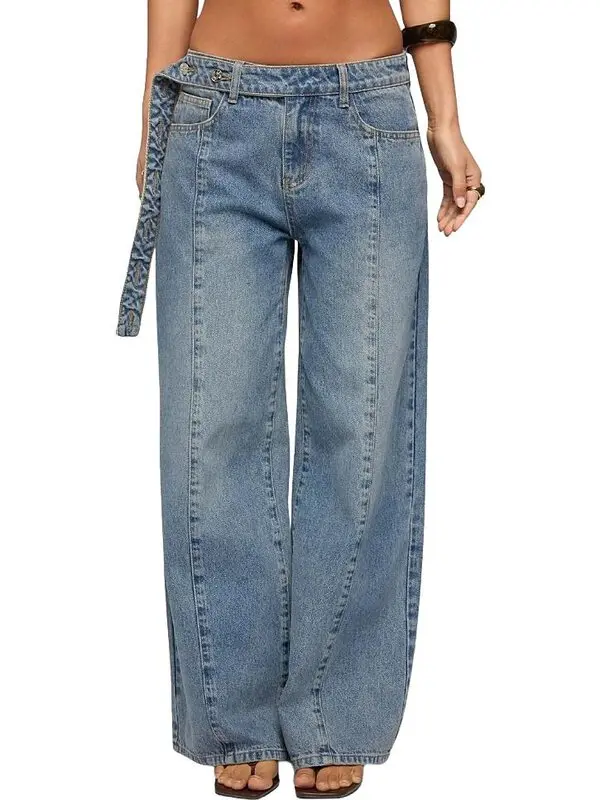 EDIKTED Buttoned Waist Low Rise Baggy Jeans - Light-blue