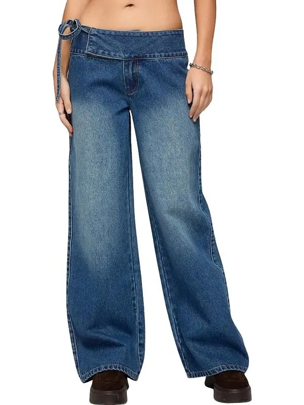 EDIKTED Cleo Tie Waist Low Rise Baggy Jeans - Blue-washed