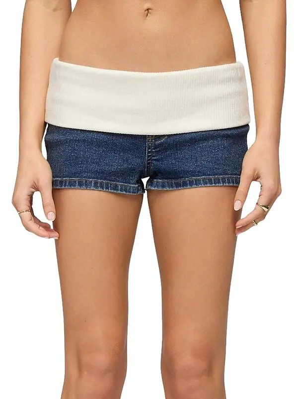 EDIKTED Contrast Foldover Denim Micro Shorts - Dark-blue