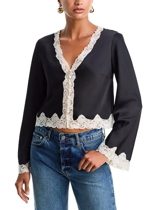 LoveShackFancy Lace Trimmed Long Sleeve Top - Black