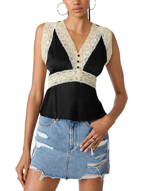Steve Madden Elinor Sleeveless Lace Trim Top - Black