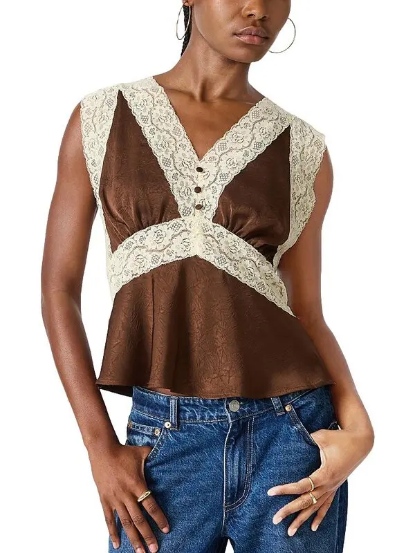 Steve Madden Elinor Sleeveless Lace Trim Top - Dark Espresso