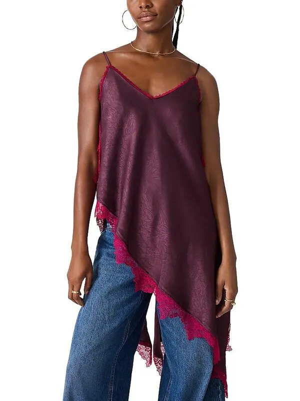 Steve Madden Asymmetrical Draped Lace Trim Top - Deep Fig