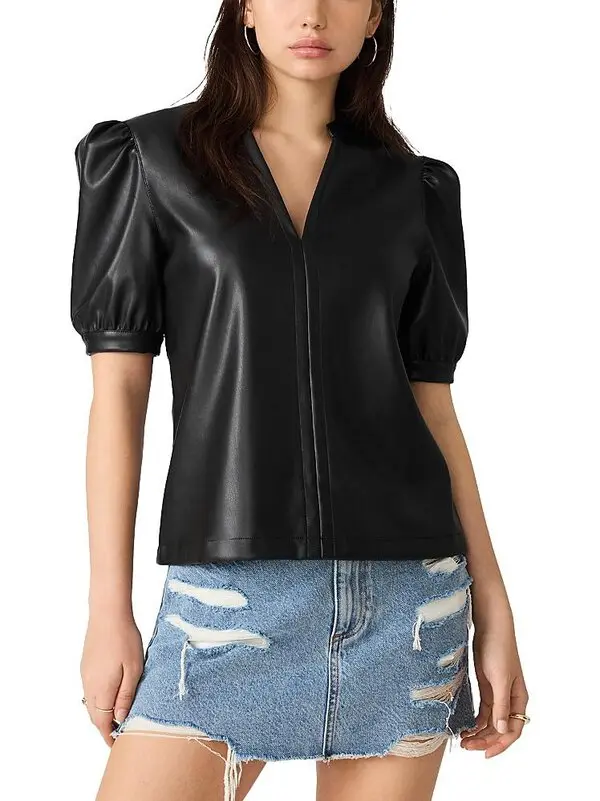 Steve Madden Cecila Faux Leather Puff Sleeve Top - Black