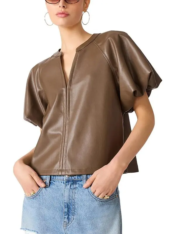 Steve Madden Cecila Faux Leather Puff Sleeve Top - Coco