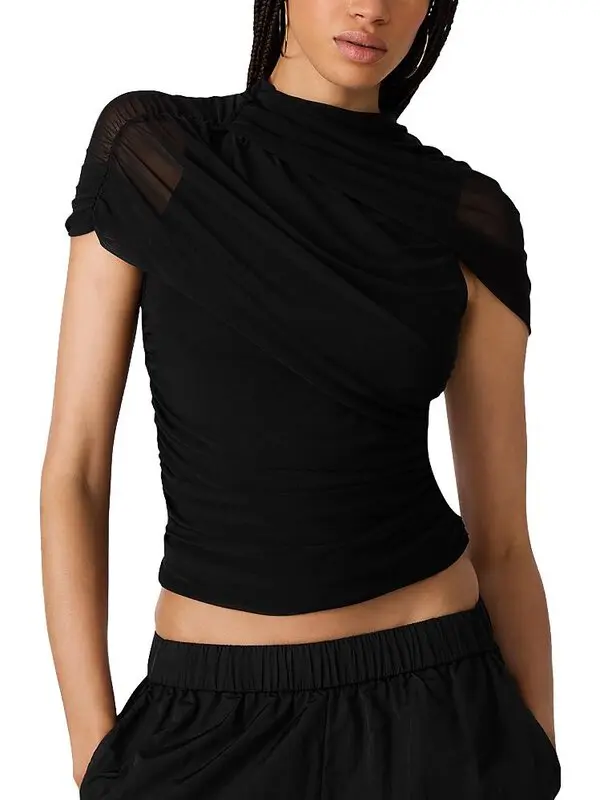 Steve Madden Asymmetrical Draped Mesh Top - Black