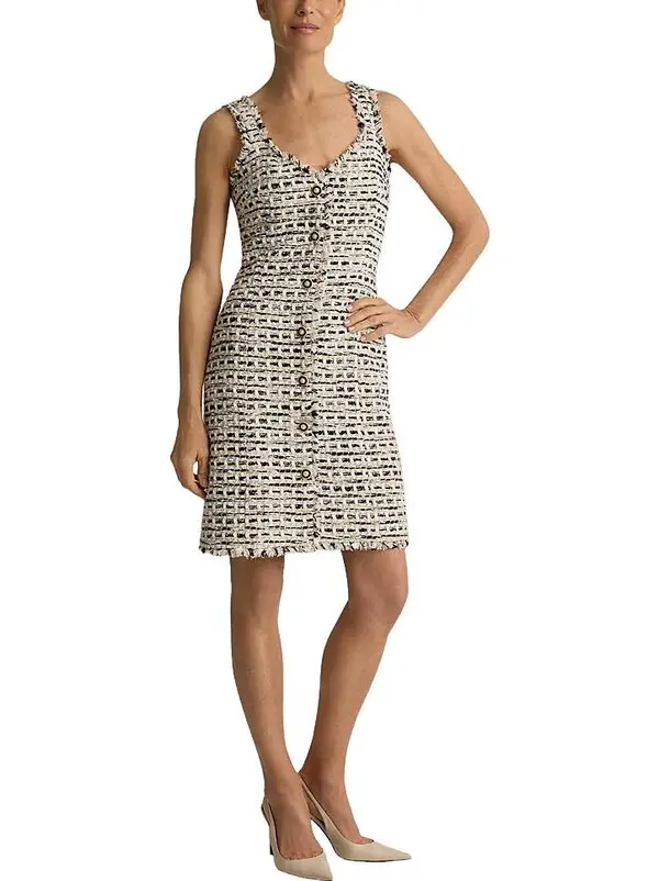 St. John Sleeveless Tweed Dress With Fringed Trim - Linen/black Multi