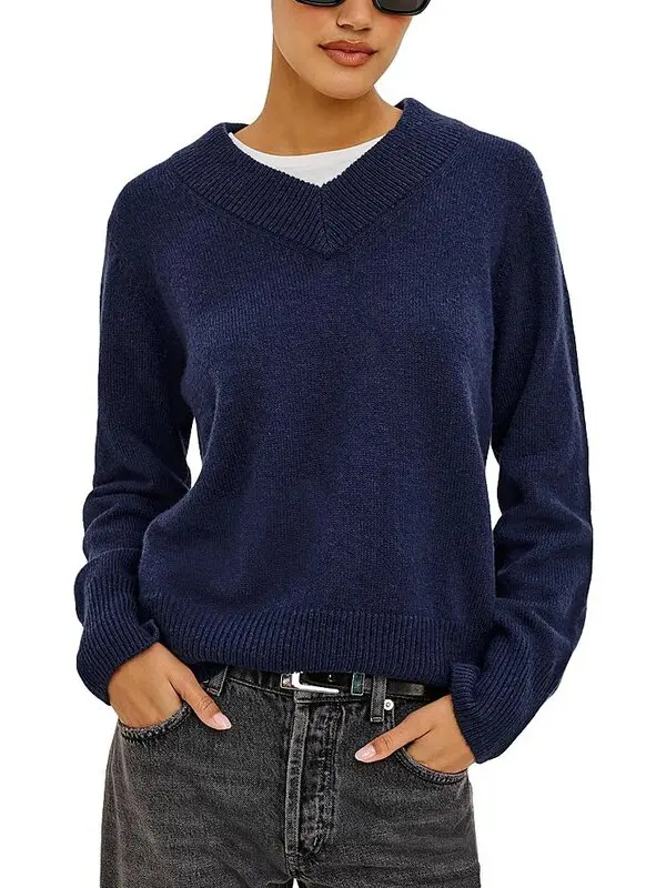 Rails Lidya Rib Trim V Neck Sweater - Navy