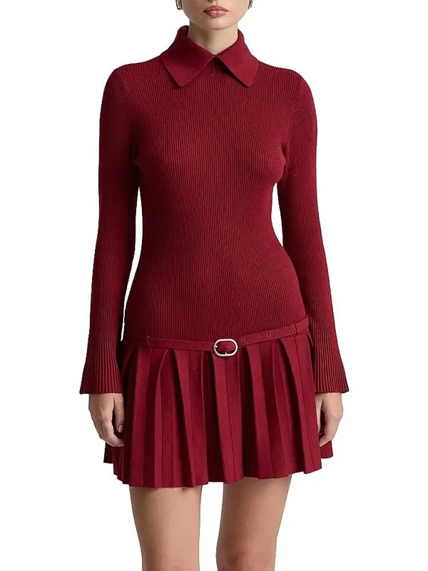 Avec Les Filles Belted Drop Waist Pleated Sweater Dress - Red