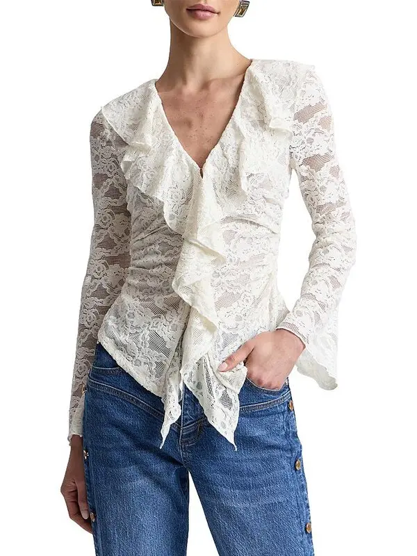 Avec Les Filles Chenille Lace Ruffle Cardigan Top - Ivory