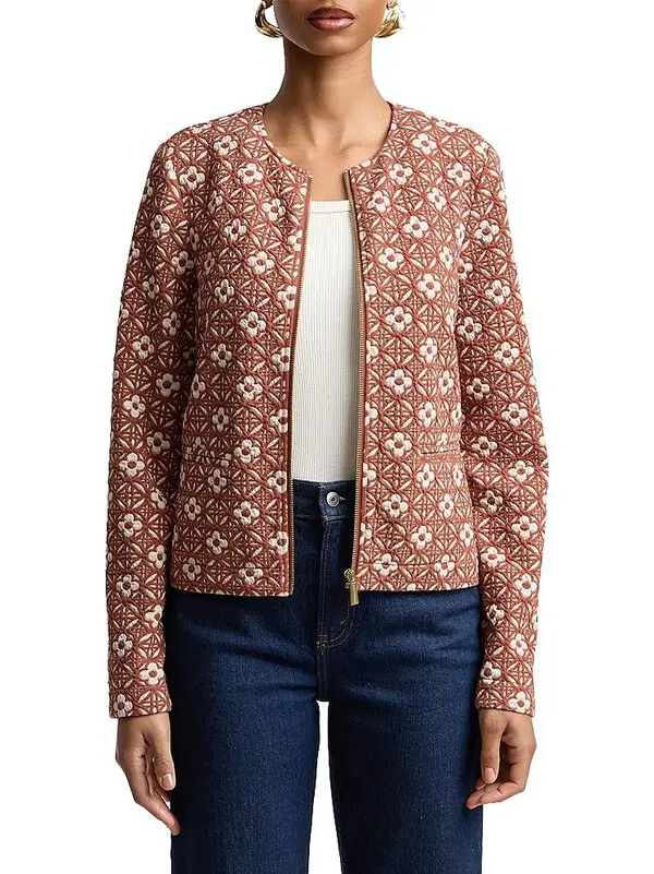 Bagatelle Jacquard Collarless Zip-up Jacket - Rust