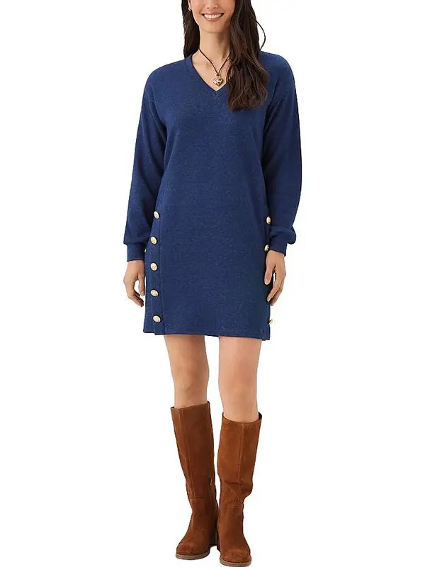 Karen Kane Long Sleeve V-neck Dress With Button Detail - Blue