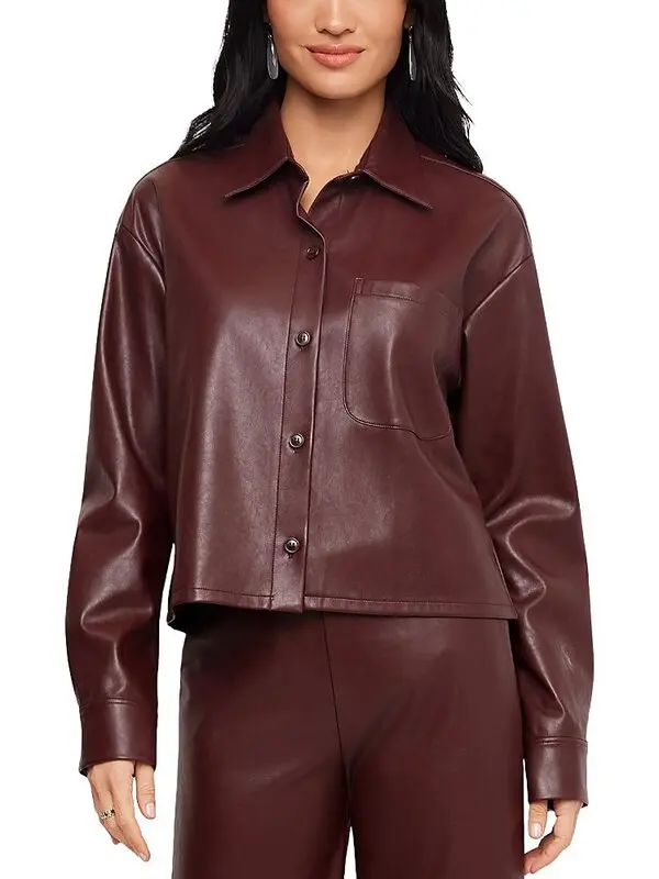 Karen Kane Faux Leather Long Sleeve Button Up Shirt - Wine
