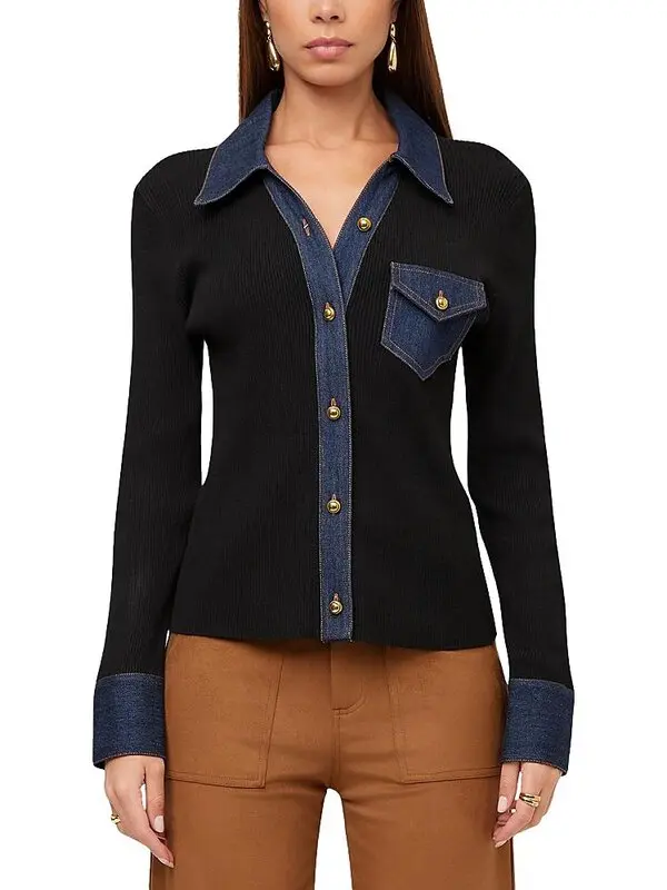 Fifteen Twenty Denim Sweater Button-up Top - Black