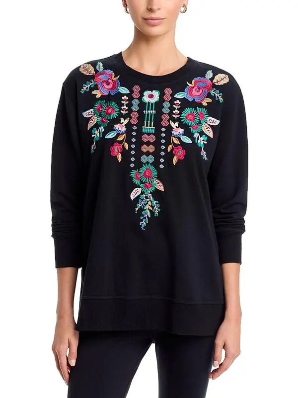 Johnny Was High Low Crewneck Cotton Sweatshirt - Black