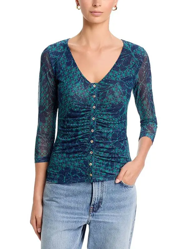 Johnny Was Ruched Button Front Mesh Tee - Clematisa