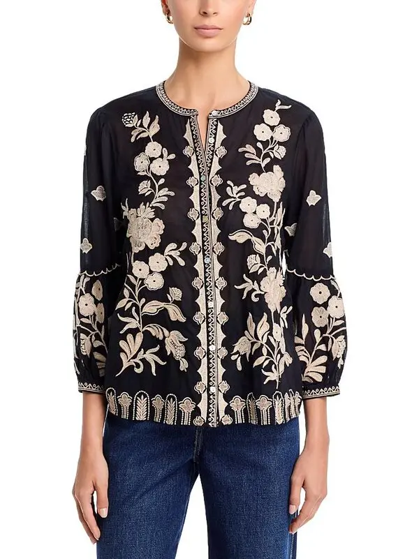 Johnny Was Embroidered Cotton Blouse - Black