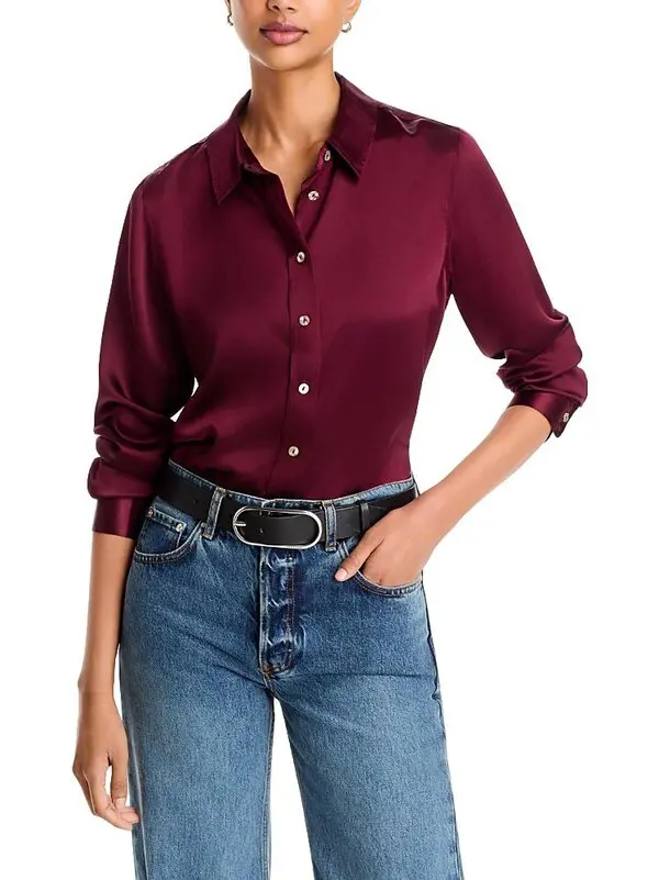 Johnny Was Silk Collared Button-up Shirt - Maroon Banner