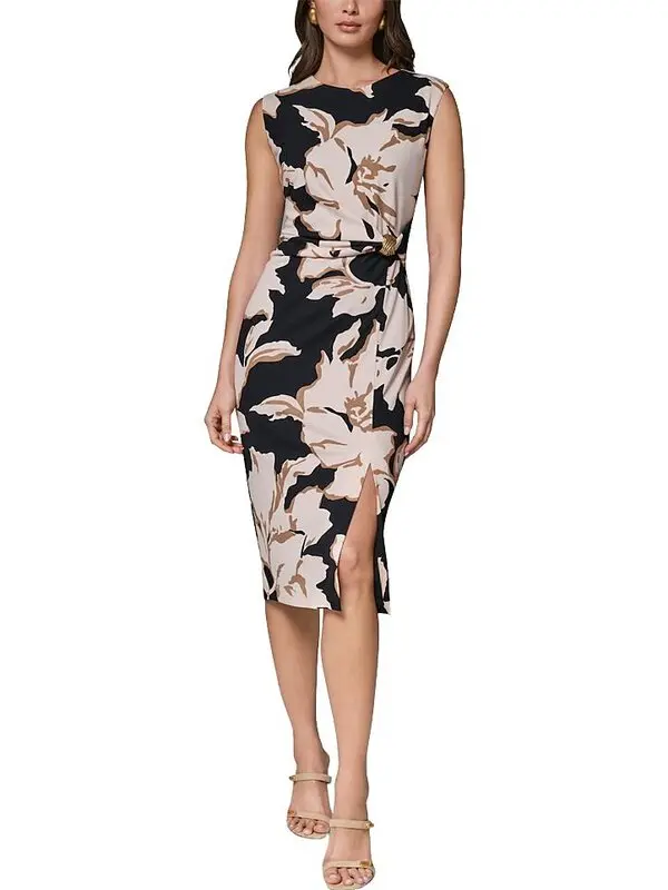 Donna Karan New York Sleeveless Floral Sheath Dress With Side-knot Detail - Black/ Camel/ Oat