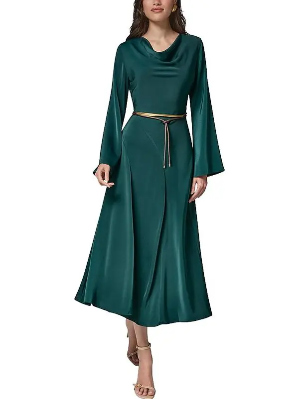 Donna Karan New York Satin Belted Midi Dress With Cowl Neck - Hudson