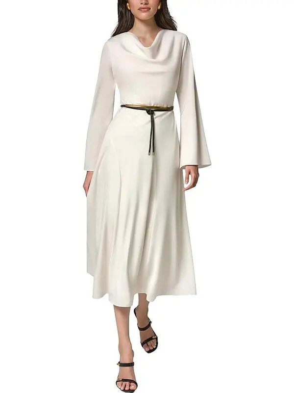Donna Karan New York Satin Belted Midi Dress With Cowl Neck - Ivory