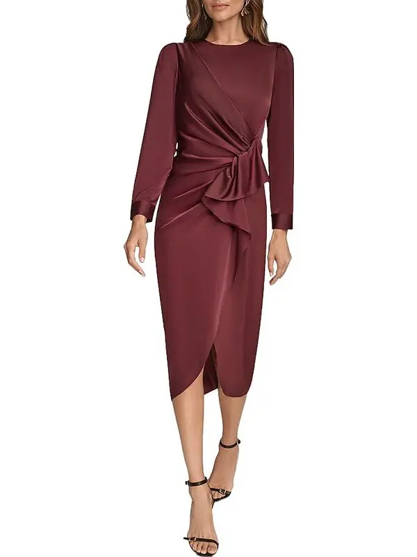 Donna Karan New York Satin Midi Dress With Side-ruched Cascade Ruffle - Berry