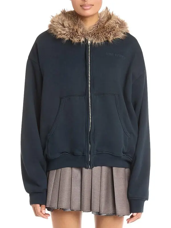 Acne Studios Faux Fur Trim Zip-up Sweatshirt - Dark Navy